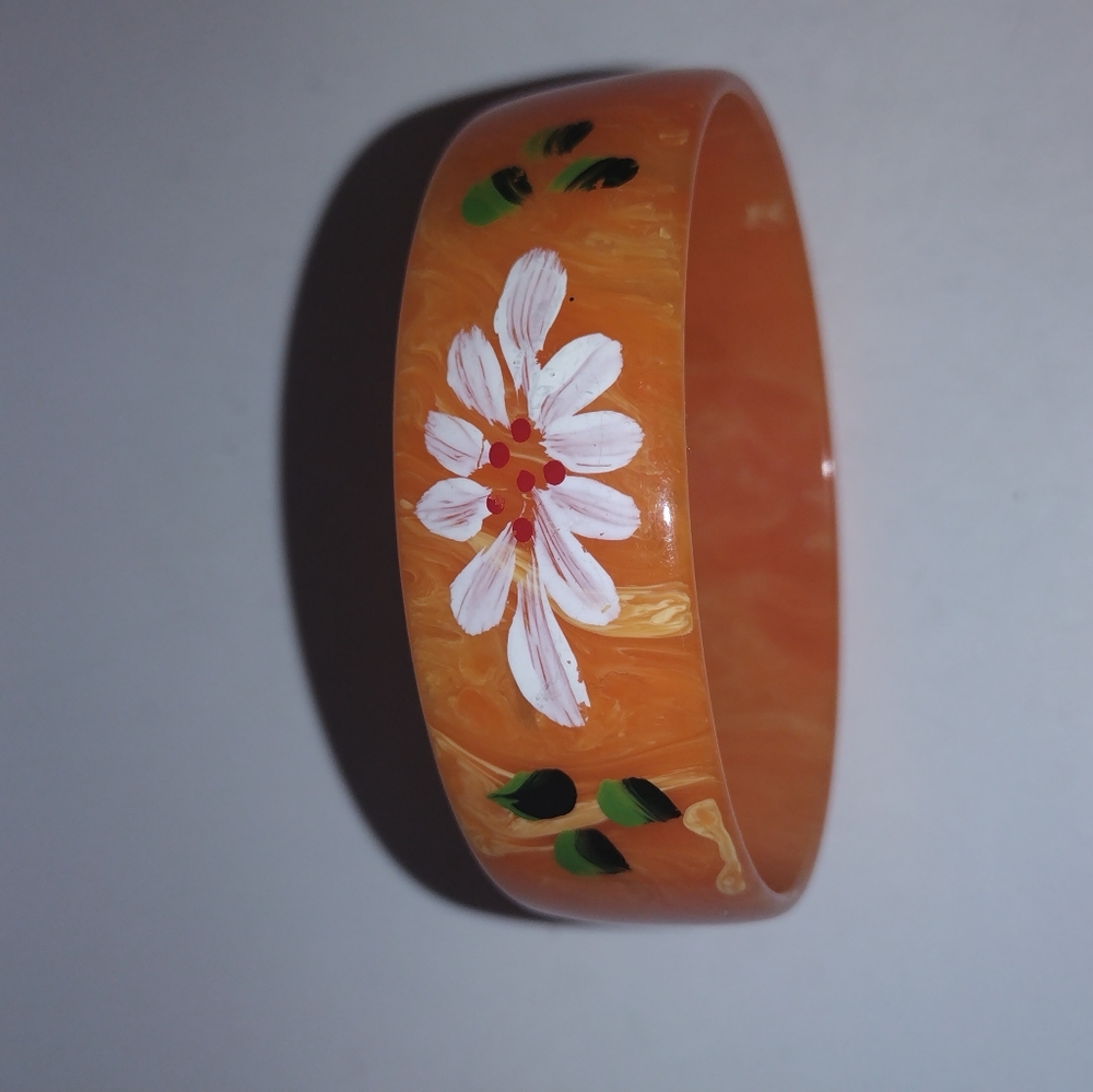 1950’s Oval Marble Orange Bakelite Bangle Bracelet - Gem